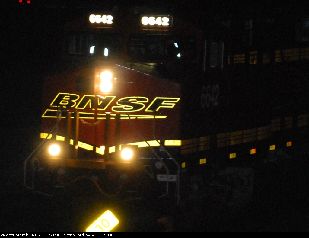 BNSF 6642 leads a west Z-Train in this night flash shot.